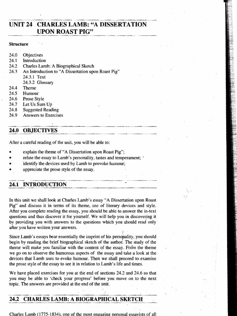 Unit Charles Lamb: Dissertation Upon Roast Pig": 24.0 Objectives | PDF
