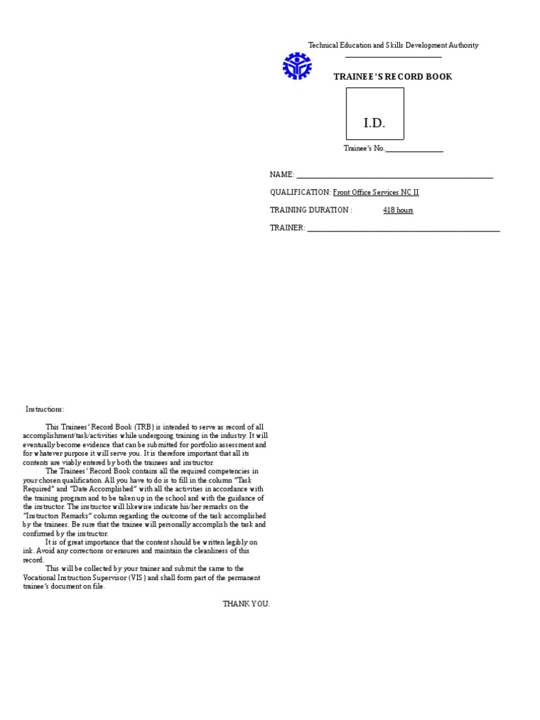 Trainee's Record Book | PDF | Vocational Education | Business