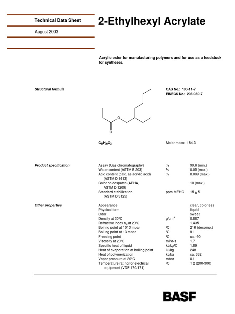 2-Ethylhexyl Acrylate: Technical Data Sheet | Download Free PDF | Copolymer | Ester