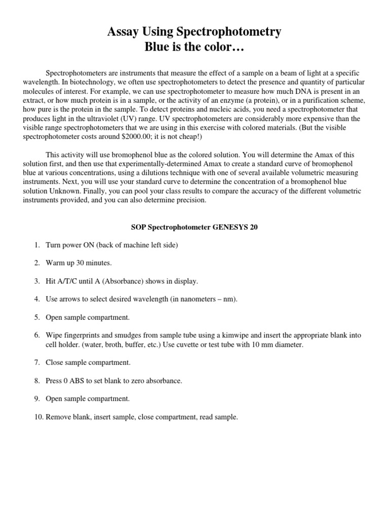 Assay Using Spectrophotometry Blue Is The Color : SOP Spectrophotometer ...