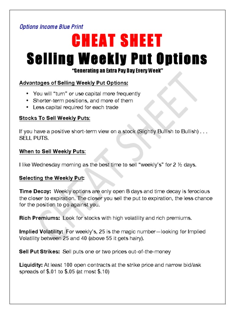 Selling Weekly Options Cheat Sheet | PDF | Put Option | Option (Finance)