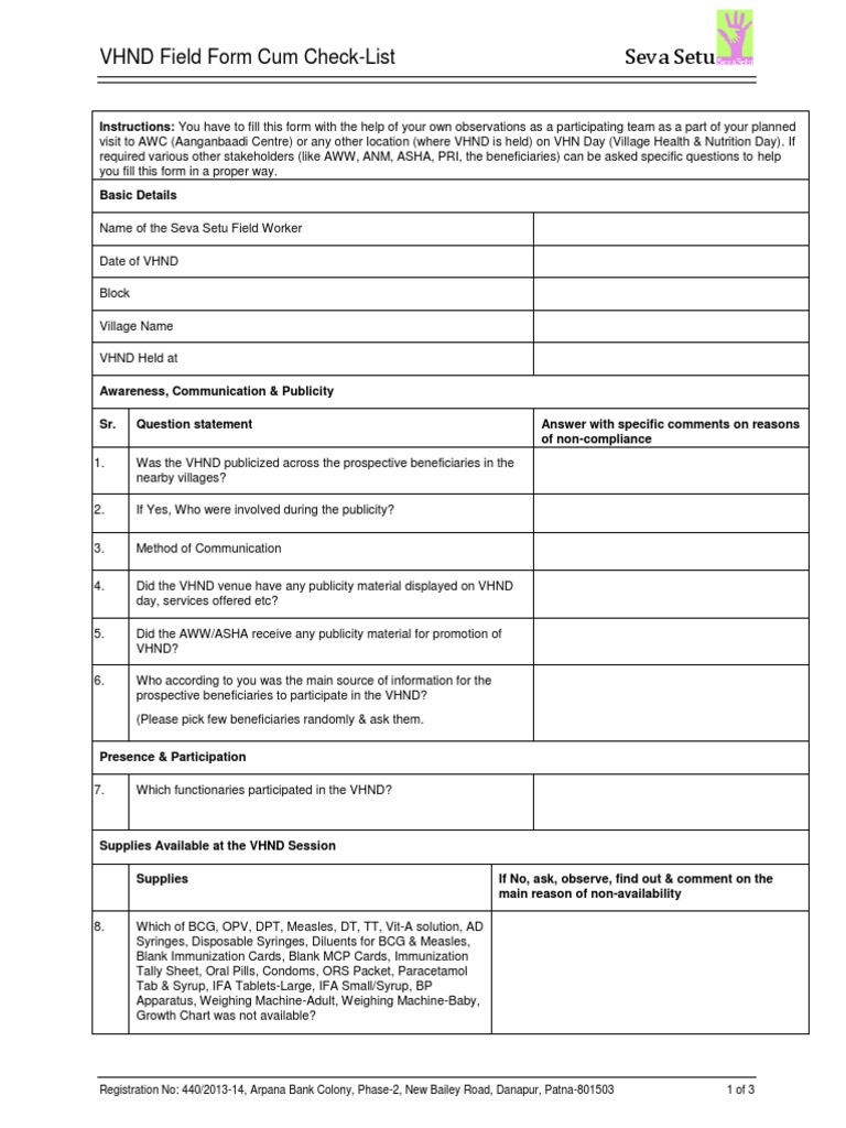VHND Field Form Cum Check List Rev 01 | PDF | Medical Humanities ...