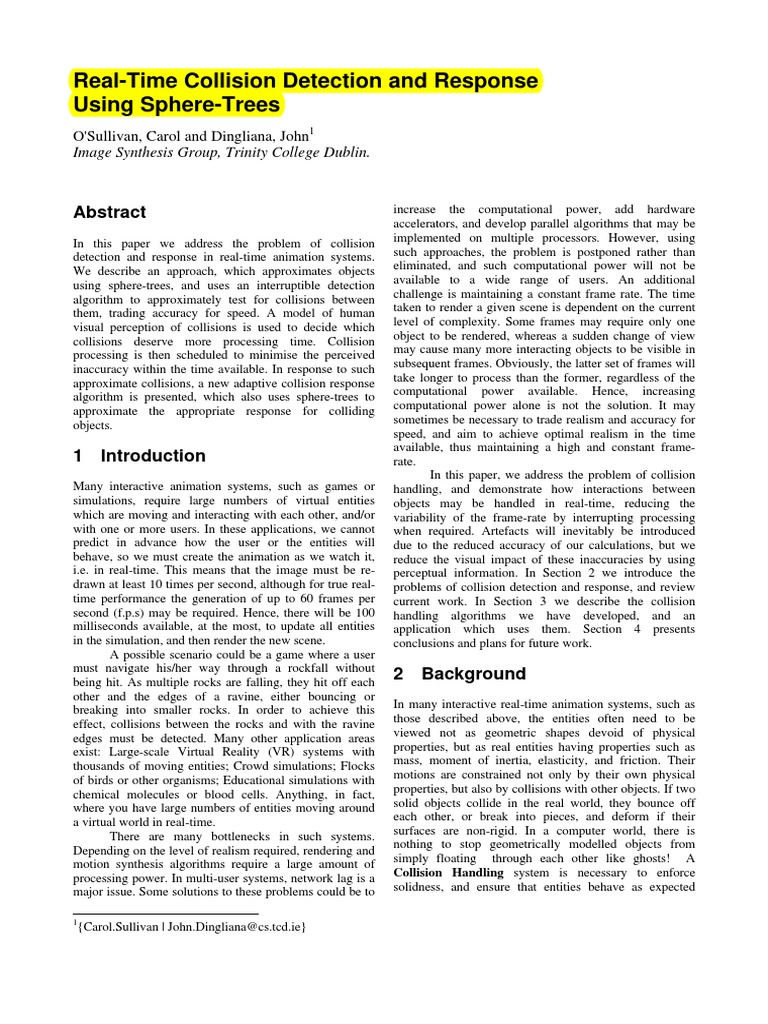 Real Time Collision Detection And Response Using Sphere Trees Pdf Collision Perception