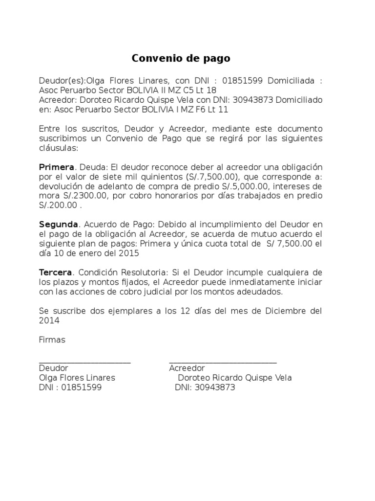 Convenio Pago S/7,500 Flores-Quispe | PDF | Responsabilidad (contabilidad financiera) | Deuda