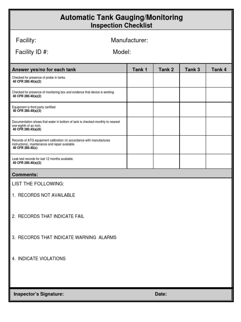 Automatic Tank Gauging/Monitoring: Inspection Checklist | PDF
