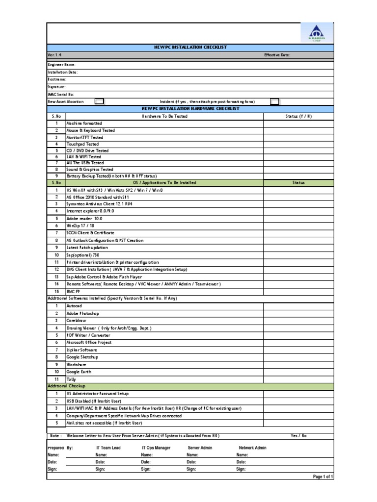 New PC Installation Checklist Ver 1 4 | PDF | Operating System | Remote ...