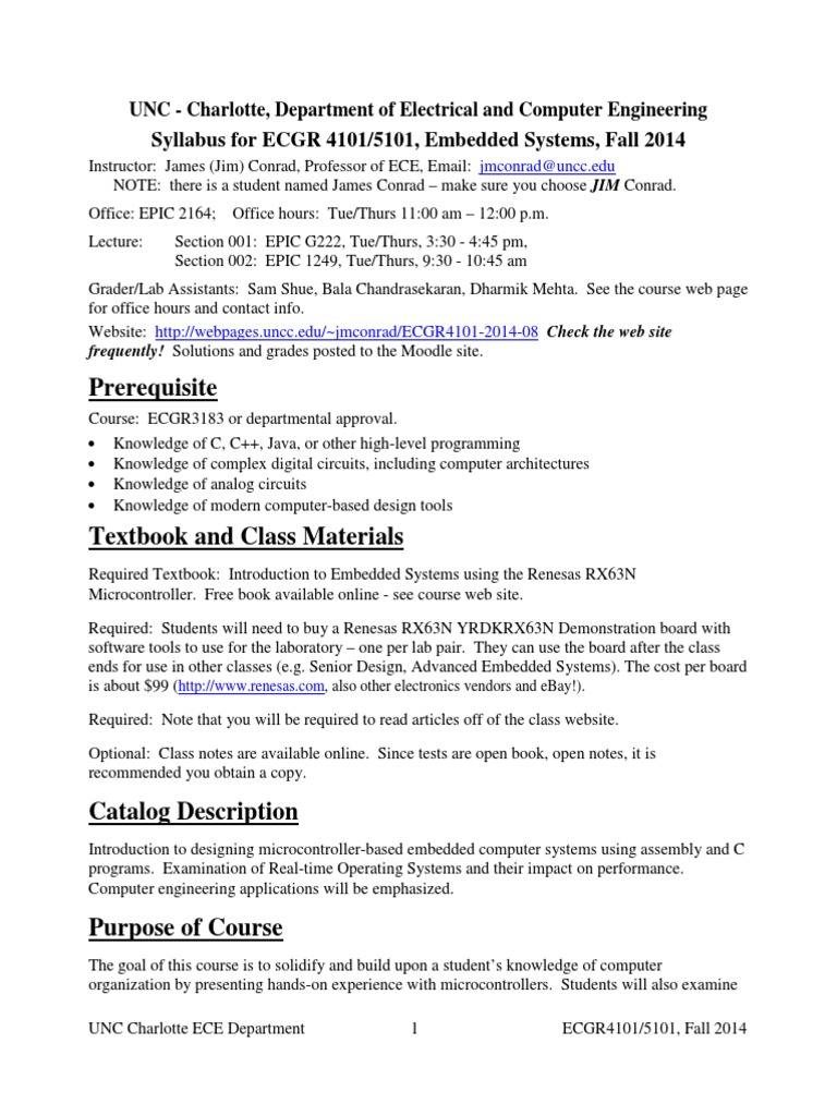 Prerequisite: Syllabus For ECGR 4101/5101, Embedded Systems, Fall 2014 ...