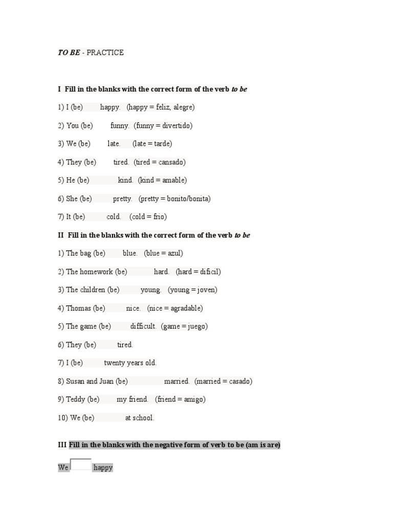 I Fill in The Blanks With The Correct Form of The Verb To Be | PDF