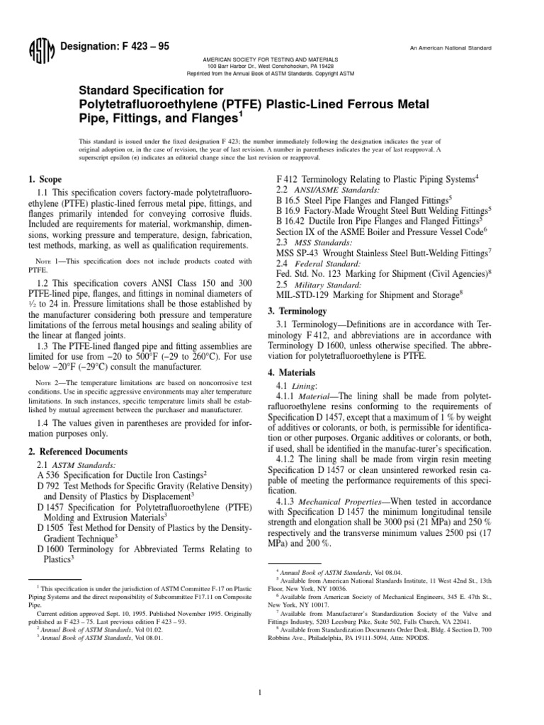 Polytetrafluoroethylene (PTFE) Plastic-Lined Ferrous Metal Pipe ...