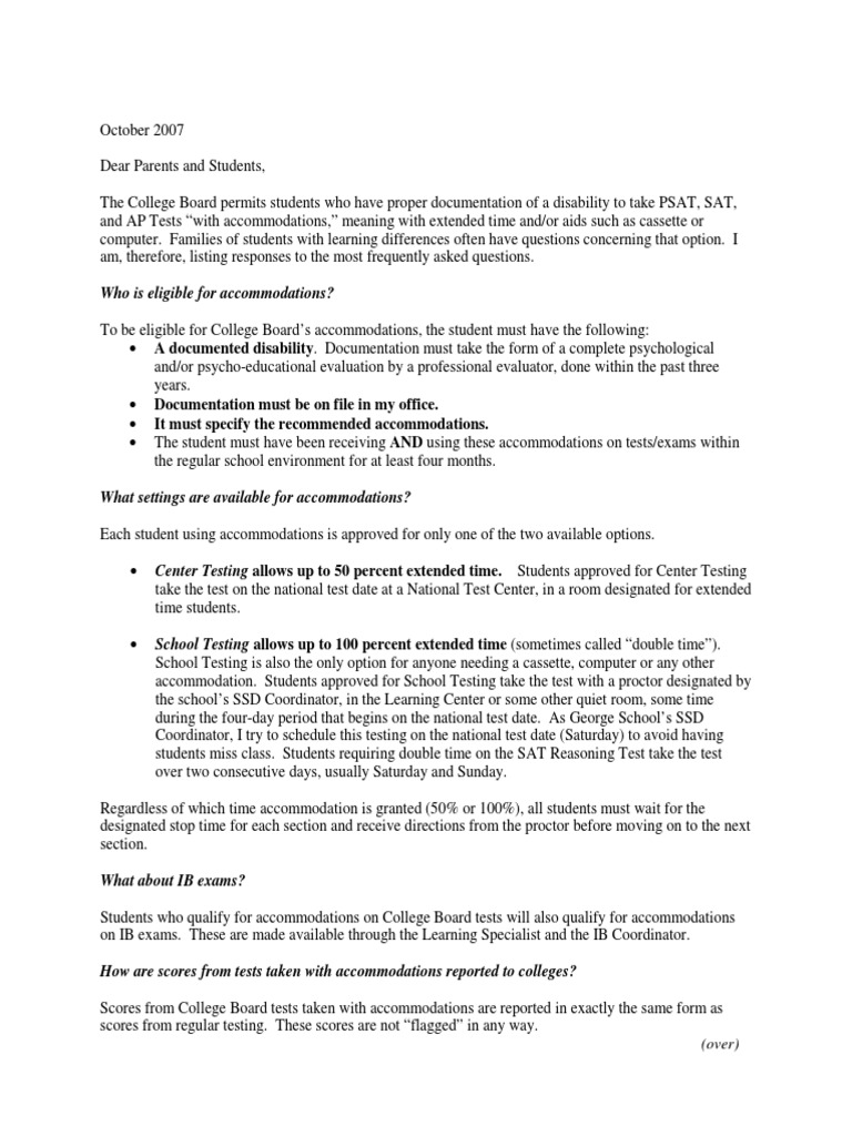College Board Test Accommodations Guide | PDF | Sat | Test (Assessment)