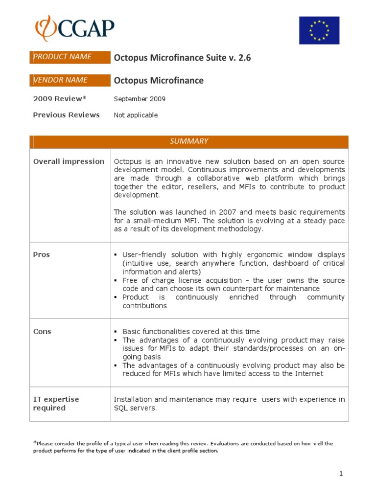 Octopus Microfinance Suite v. 2.6 Octopus Microfinance: Product Name Vendor Name | Download Free ...