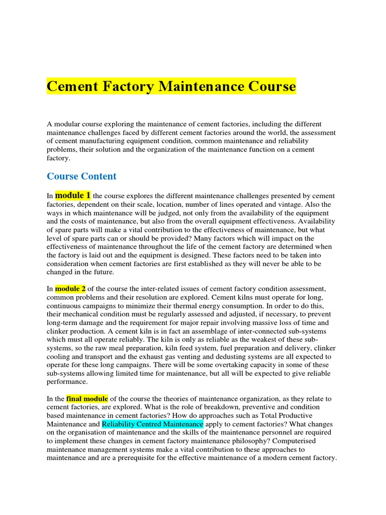 Cement Factory Maintenance Course | PDF | Cement | Reliability Engineering
