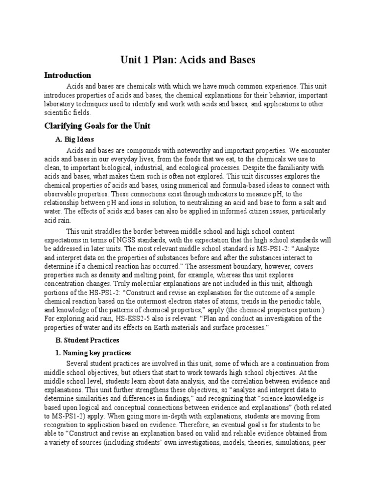 Unit Plan - Chapter 1 - Acids and Bases - Portfolio | PDF | Ph | Acid
