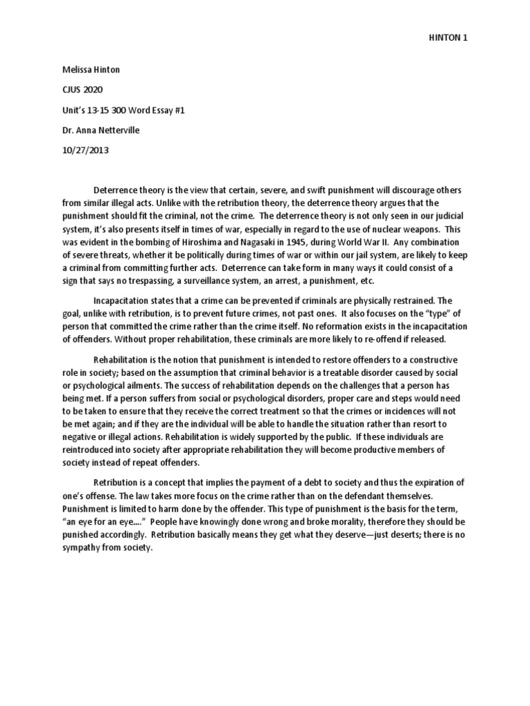 Unit s 13 15 300 Word Essay 1 PDF Deterrence Legal Punishments