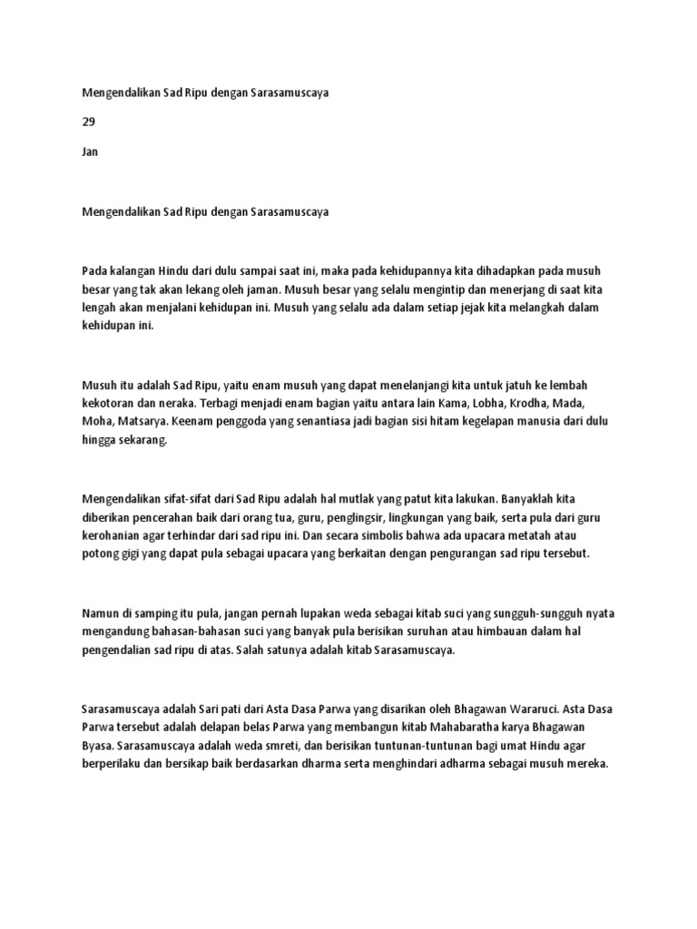Mengendalikan Sad Ripu Dengan Sarasamuscaya | PDF