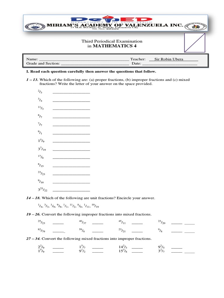 Math Exam on Fractions, Decimals, and Operations | PDF | Odds | Fraction (Mathematics)