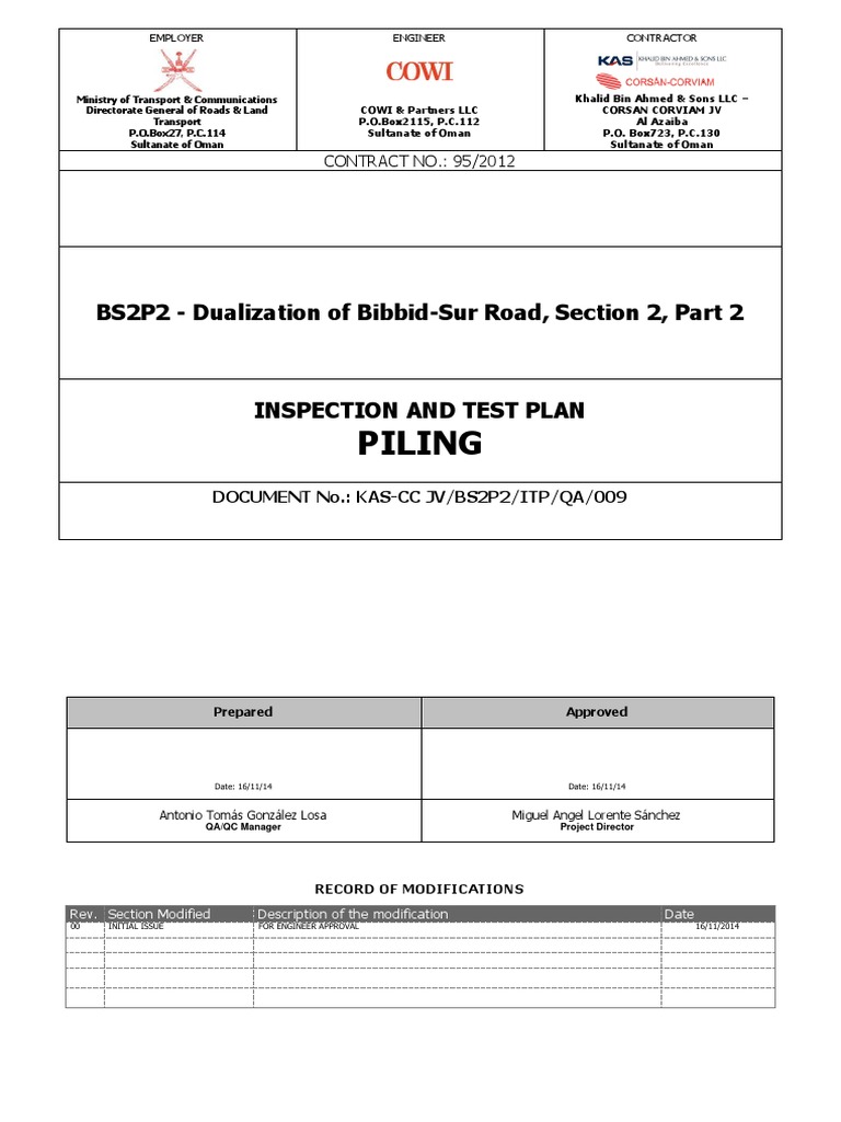 ITP for Piling | Specification (Technical Standard) | Deep Foundation