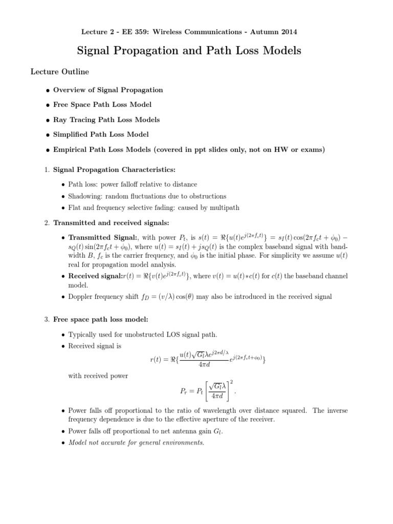 Signal Propagation and Path Loss Models: Lecture Outline | PDF | Wavelength | Diffraction