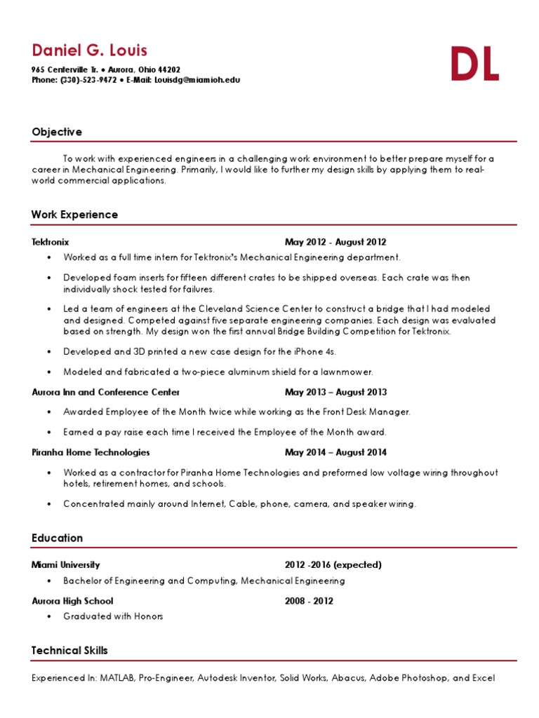 Mechanical Engineering Resume of Daniel G. Louis | PDF