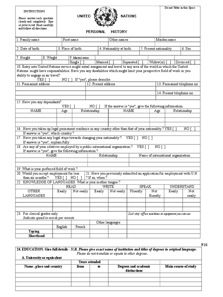 UN Employment Application Form | PDF