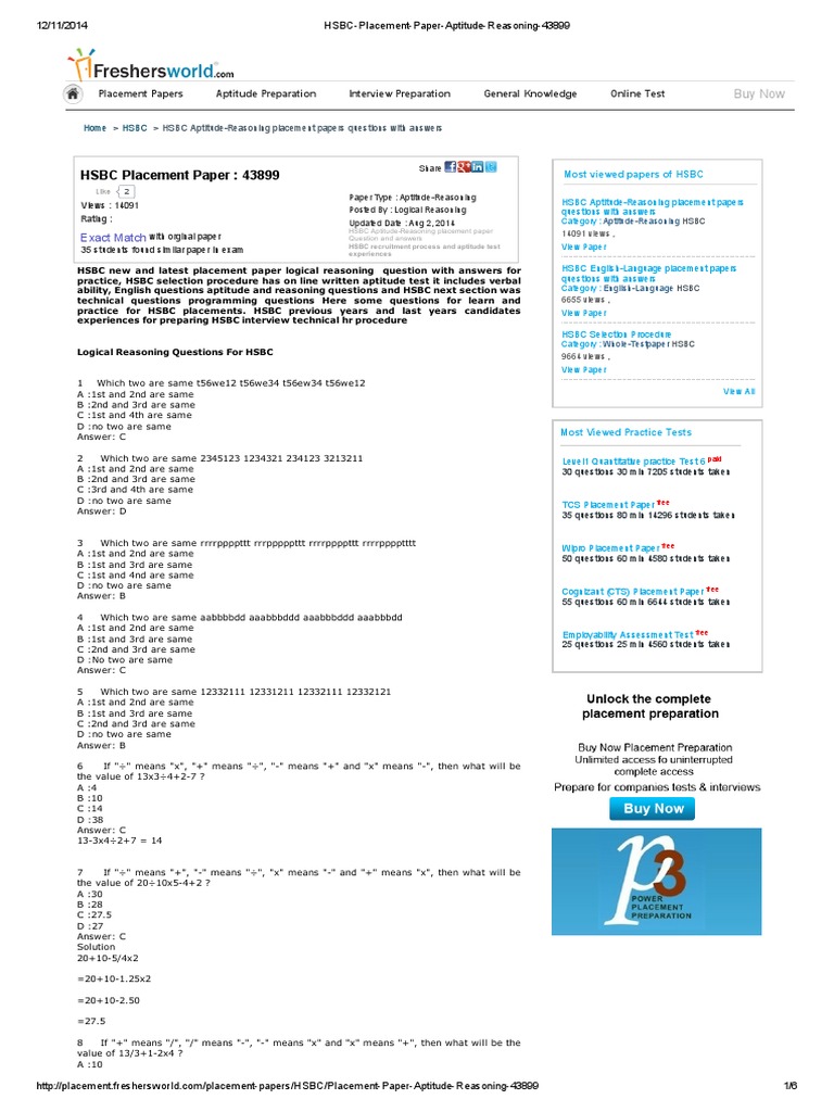 HSBC Placement Paper Aptitude Reasoning | PDF | Test (Assessment ...