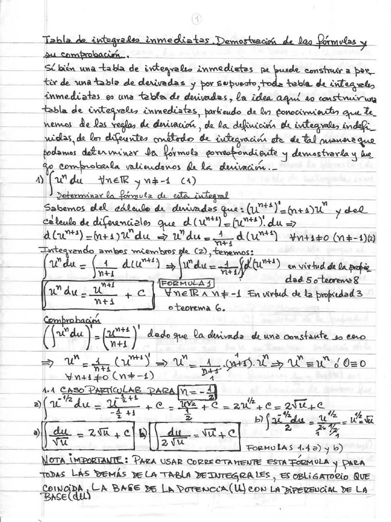 Tabla de Integrales Inmediata Demostracion de Las Formulas y ...