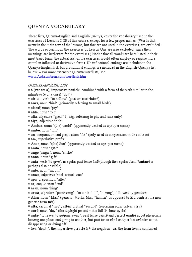 Quenya Vocabulary | PDF | Verb | Noun