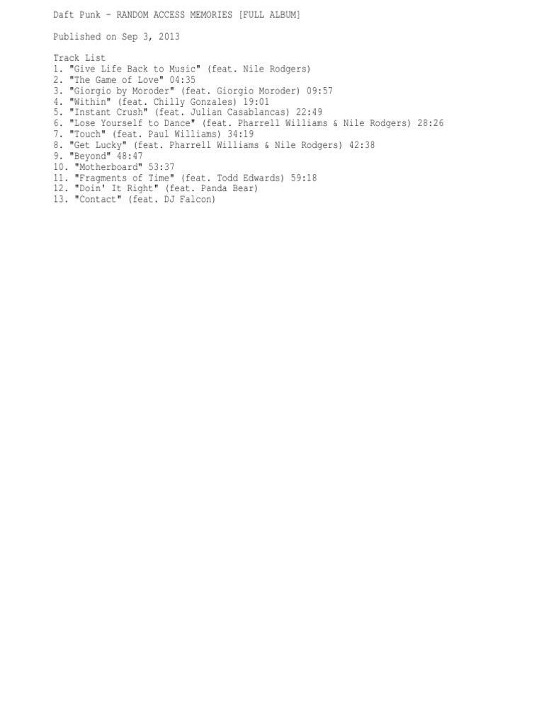 Daft Punk: Random Access Memories Tracklist | PDF | Columbia Records ...