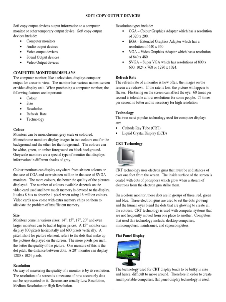Soft Copy Output Devices | PDF | Computer Monitor | Display Resolution