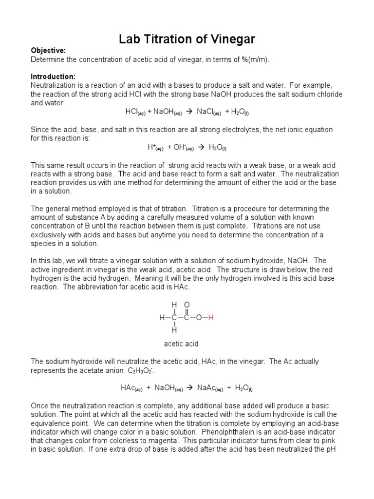 Lab Titration of Vinegar | PDF | Acid | Titration Lab Titration of Vinegar | PDF | Acid | Titration