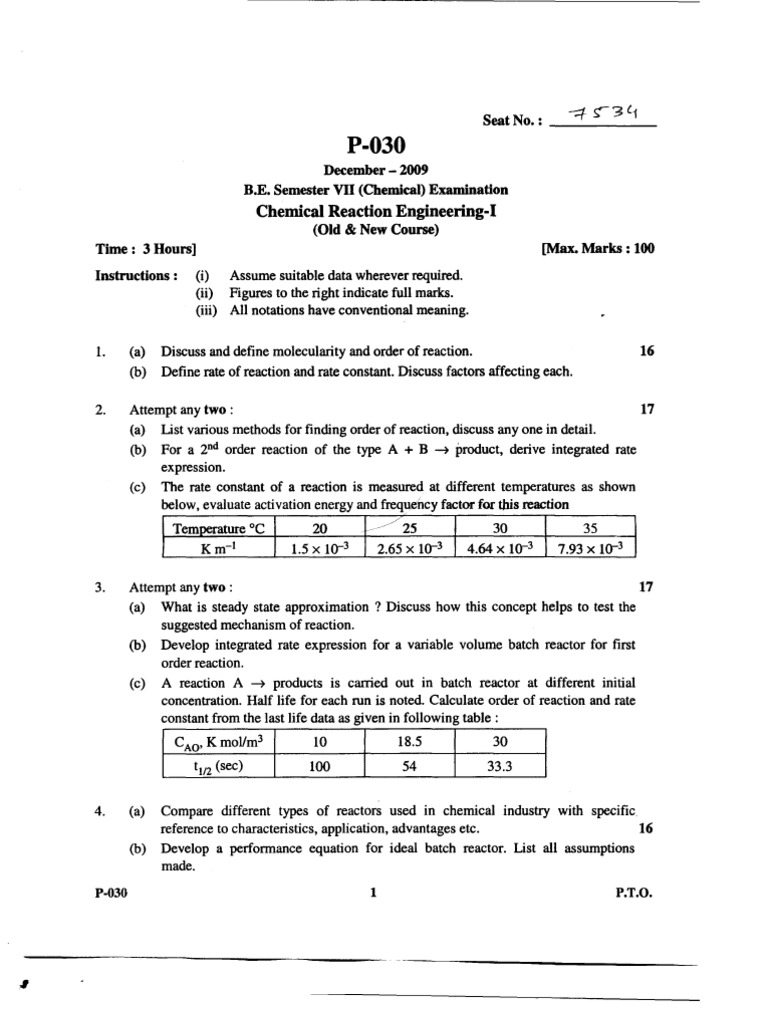 Gujarat University B E Chemical 7 Semester Chemical Reaction ...