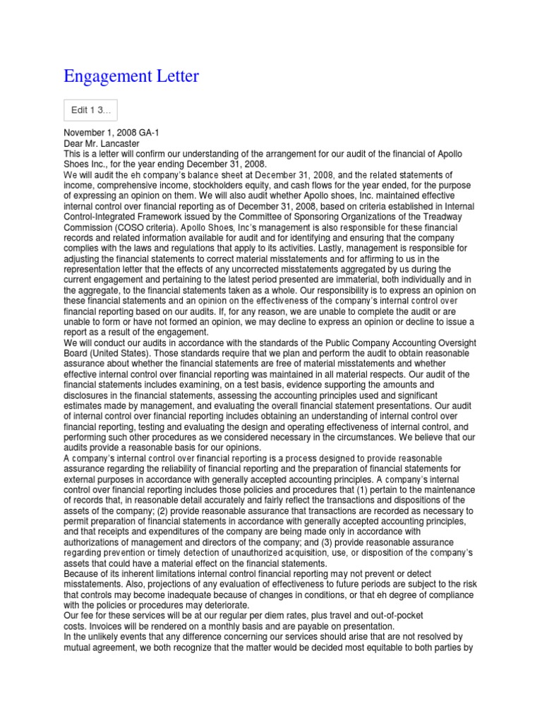 Engagement Letter Sample | PDF | Audit | Financial Statement