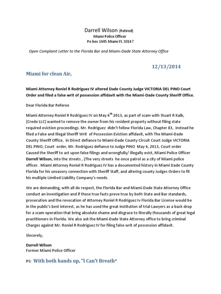 Miaimi Attorney Roniel R Rodriguez IVFlorida Bar Complaint | PDF