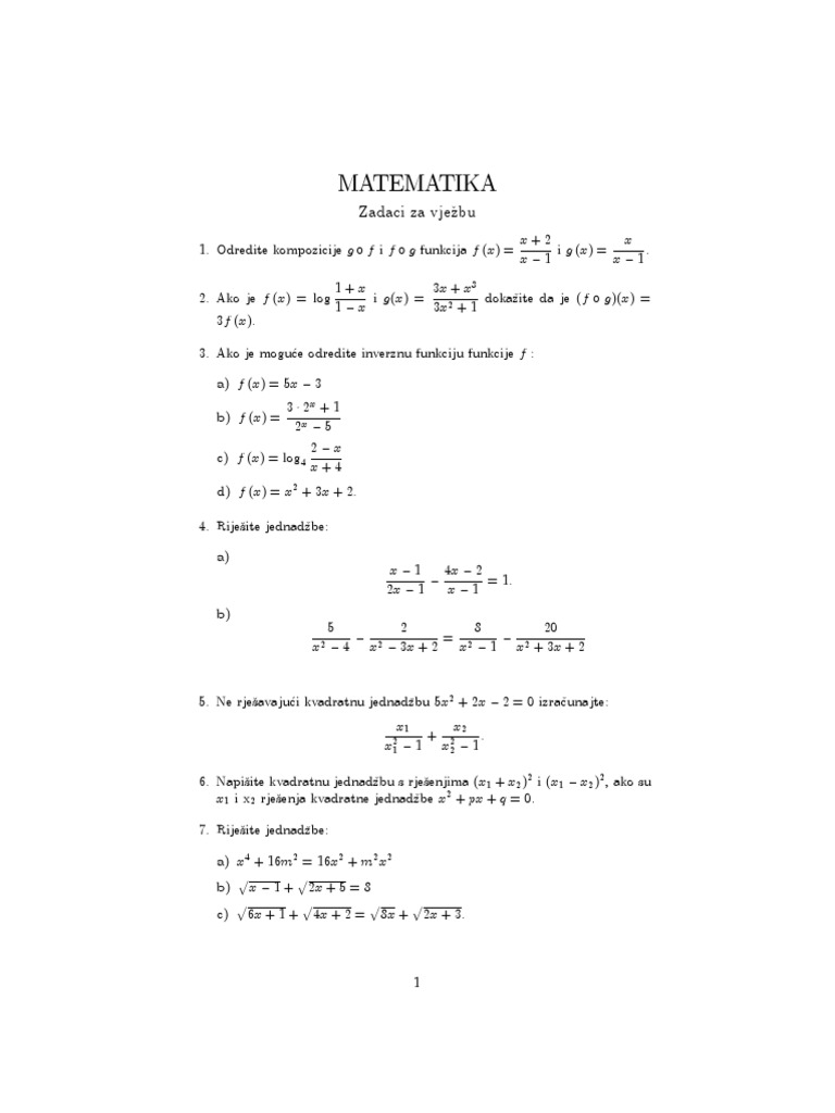 Matematika - Zadaci Za Vježbu (Skupovi, Nizovi, Limes I Derivacije) | PDF