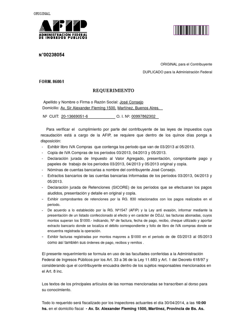 f8600 requerimiento - AFIP | Contribuyente | Impuestos