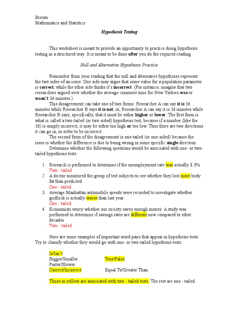 Hypothesis Testing Worksheet