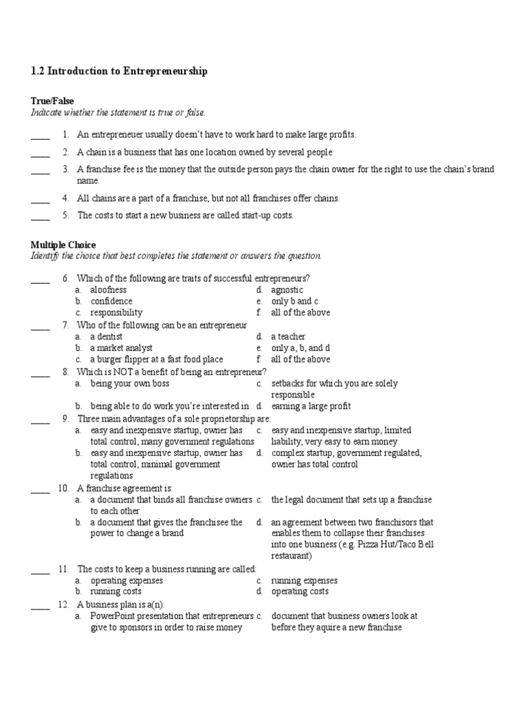EN_1.2 Introduction to Entrepreneurship Test | Franchising ...