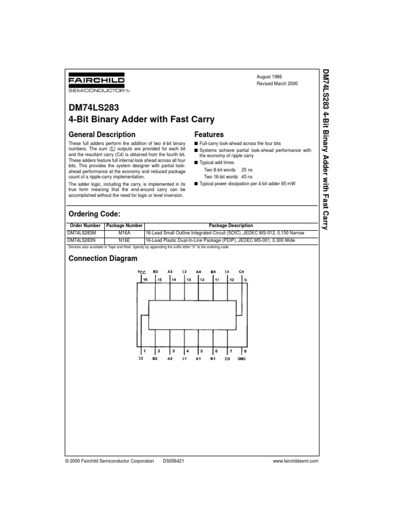 Datasheet - 74LS283 - Somador Binário Completo de 4 Bits | PDF | Bit | Manufactured Goods