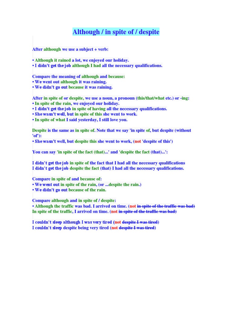 Using Although, Despite, and In Spite Of | PDF