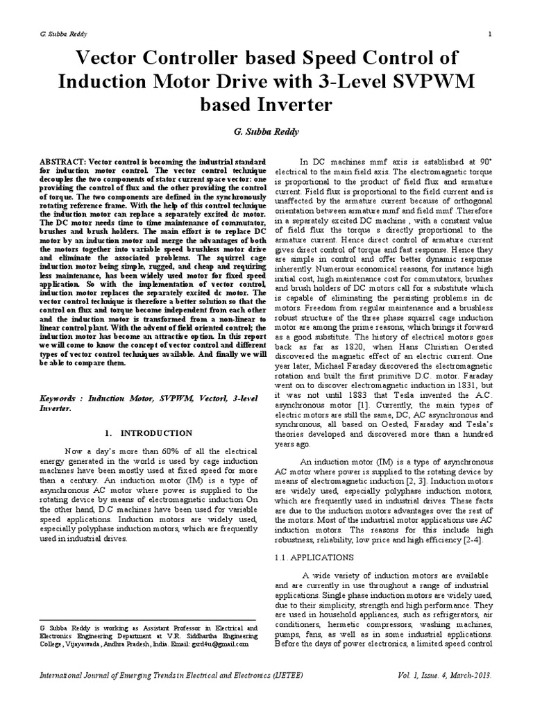 Vector Controller Based Speed Control Of Induction Motor Drive With 3 Level Svpwm Based Inverter