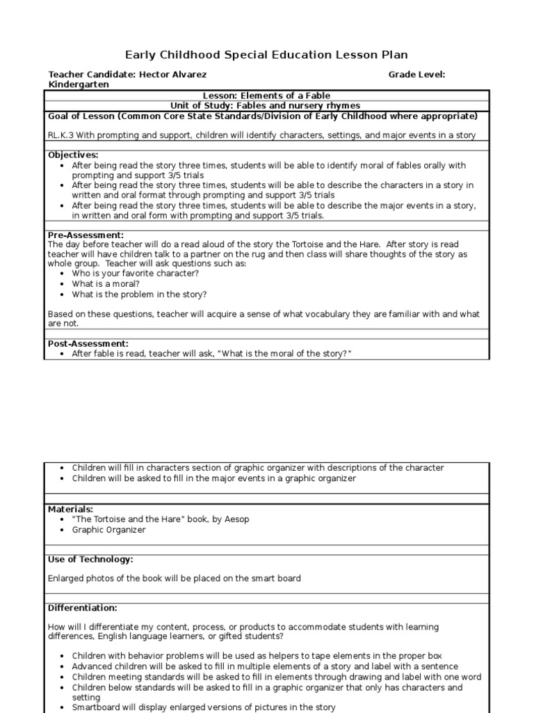 Kindergarten Fable Lesson Plan | PDF | Fable | Classroom Management