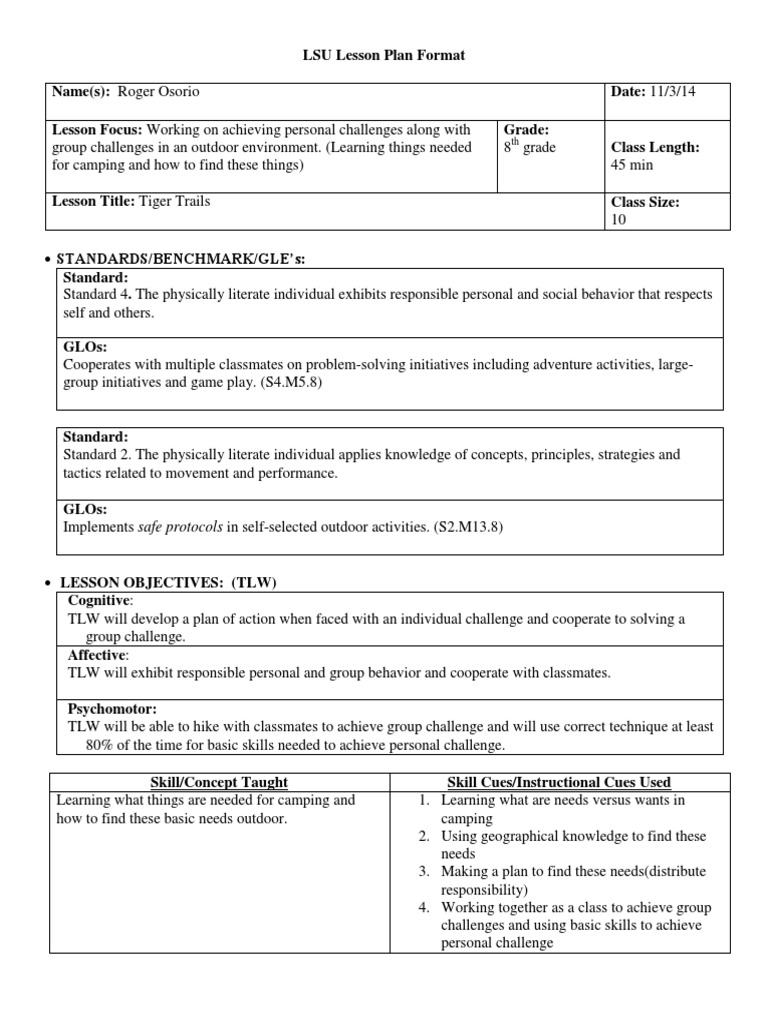 Outdoor Adventures Lesson Plan | PDF | Camping | Affect (Psychology)
