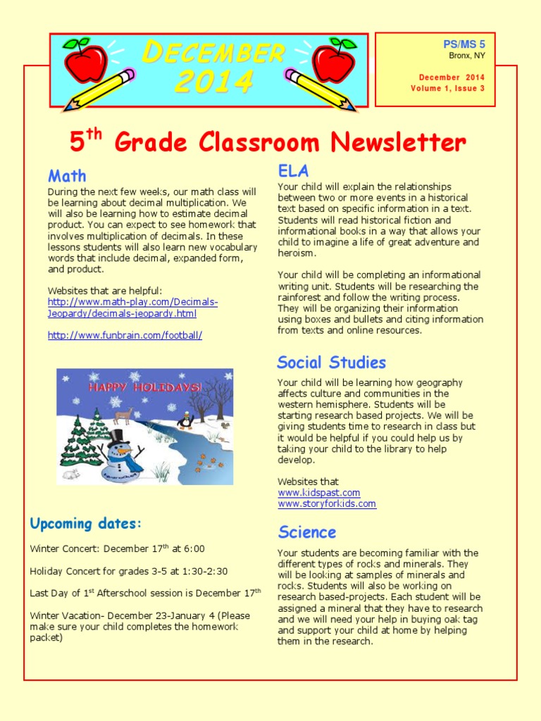 5th Grade Classroom Newsletter - December 2014 | PDF