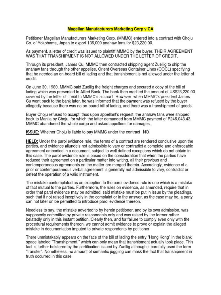 Magellan Manufacturers Marketing Corp v CA | Letter Of Credit | Parol ...