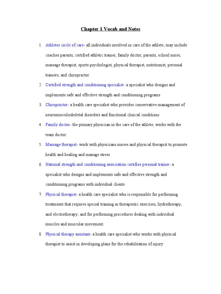 Chapter 1 Vocab and Notes: Athletes Circle of Care | PDF | Physical ...