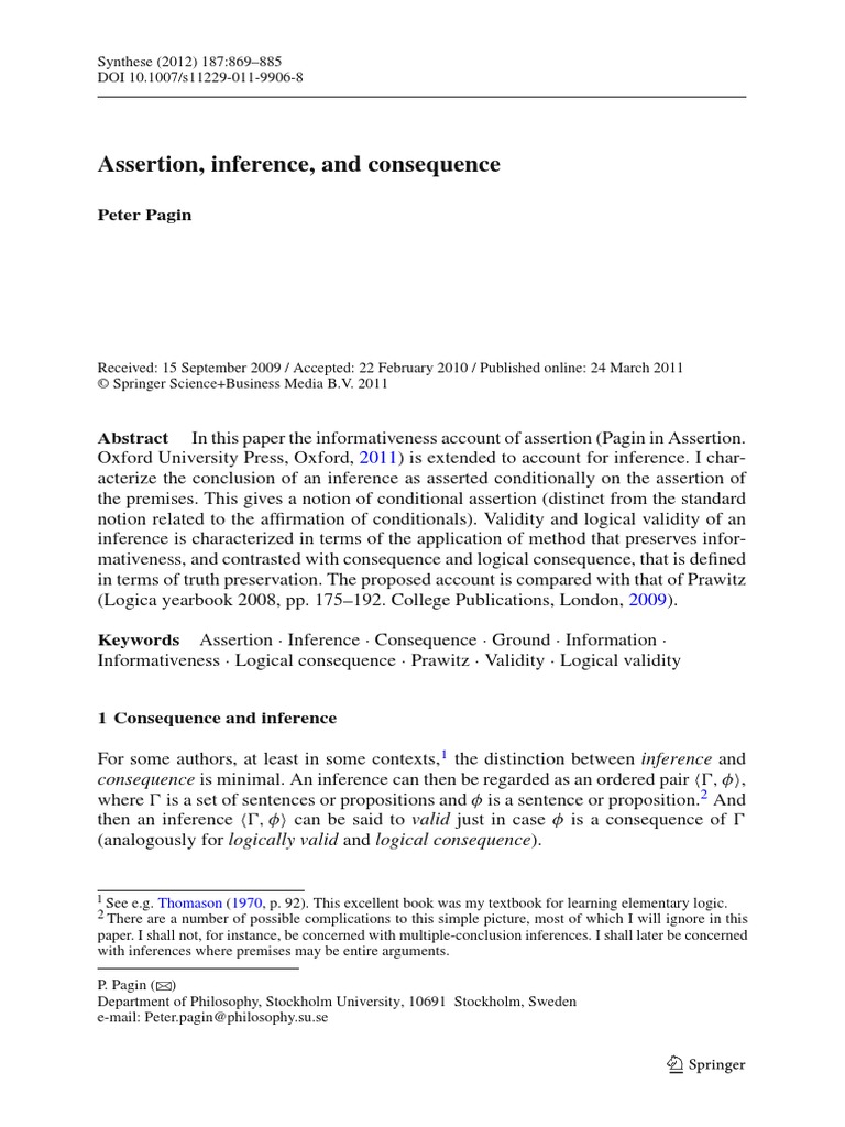 Assertion, Inference, and Consequence: Peter Pagin | PDF | Inference | Logic
