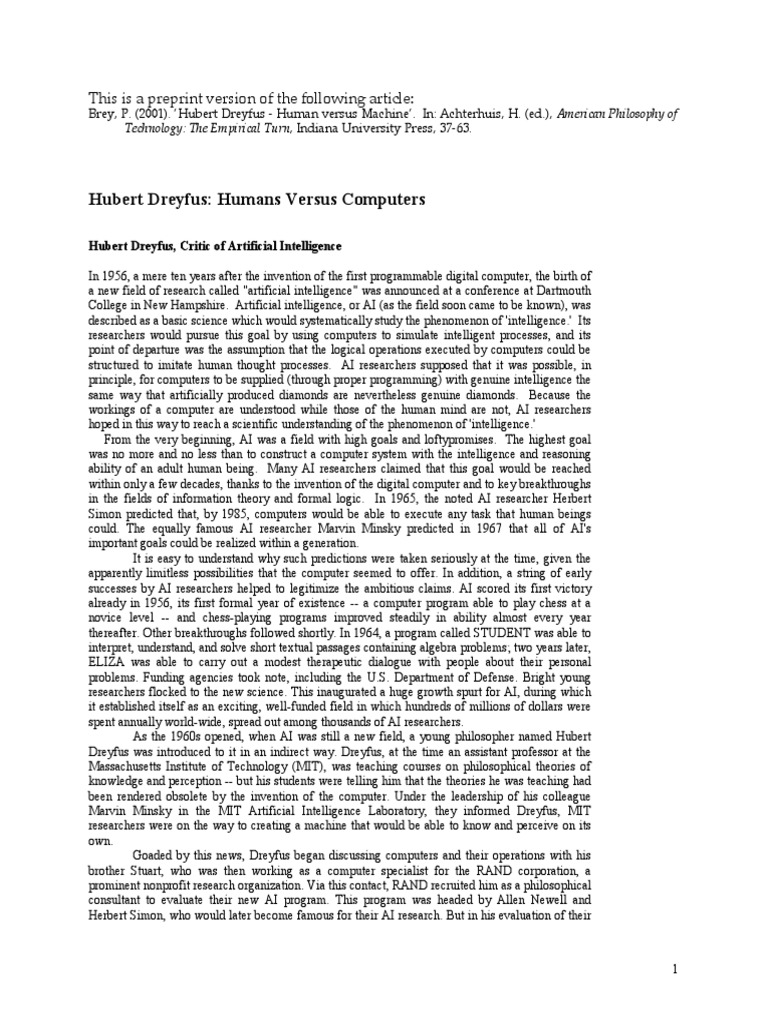 Hubert Dreyfus - Humans Vs Computers | PDF