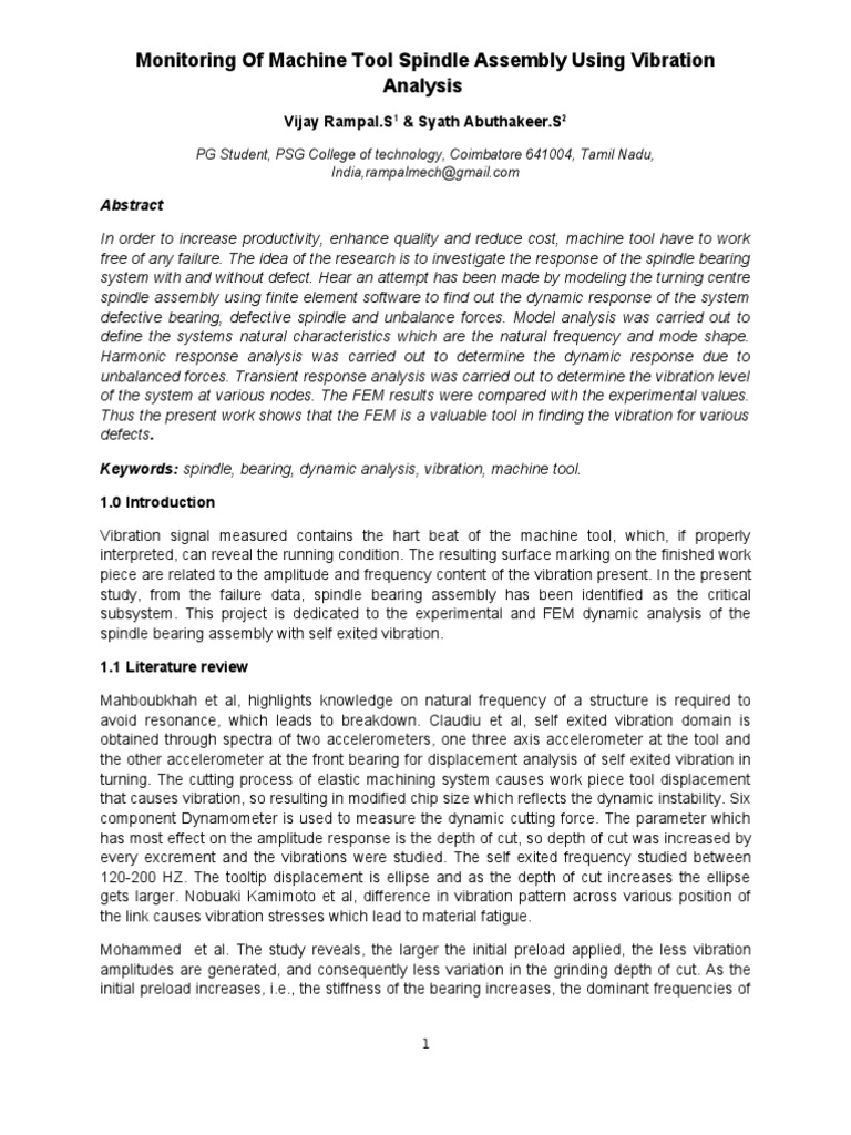 Monitoring of Machine Tool Spindle Assembly Using Vibration Analysis ...