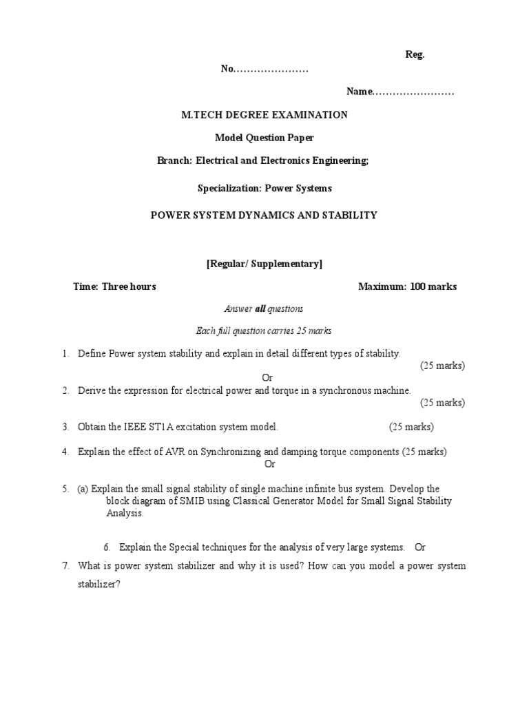 Power System Dynamics Exam Paper | PDF