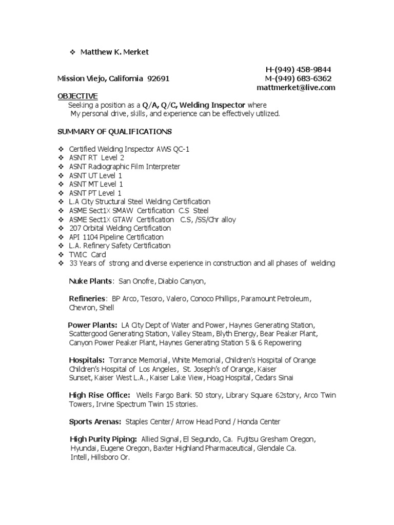 Certified Welding Inspector QA QC in USA Resume Matthew Merket ...